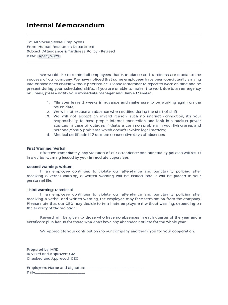 Attendance Policy and Violations Memo | PDF | Career & Growth
