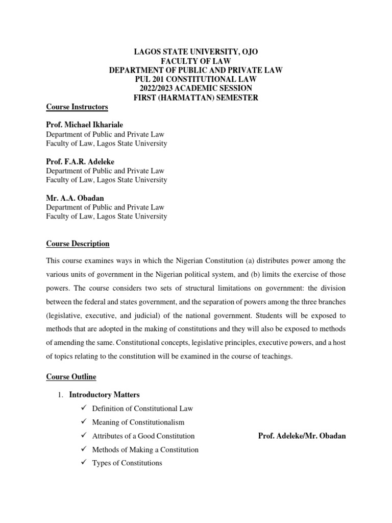 Constitutional Law Course Outline (PUL 201) 1 | PDF | Separation Of ...