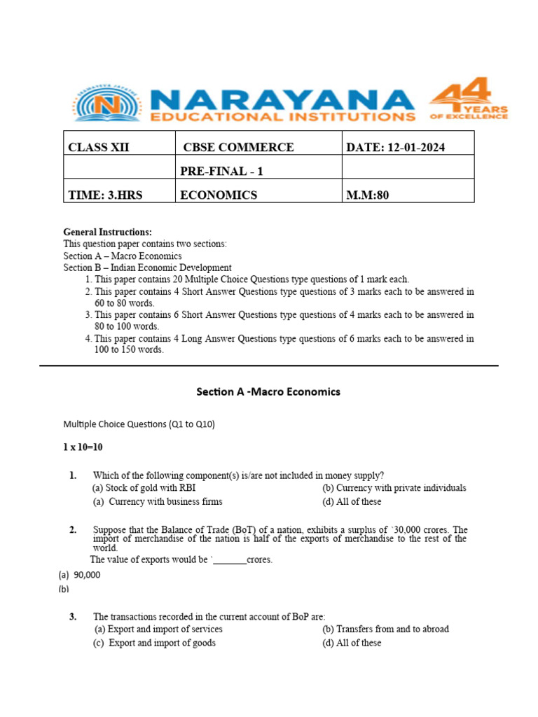 Cbse Commerce Pre Final-1 Economics | PDF | Money | Trade