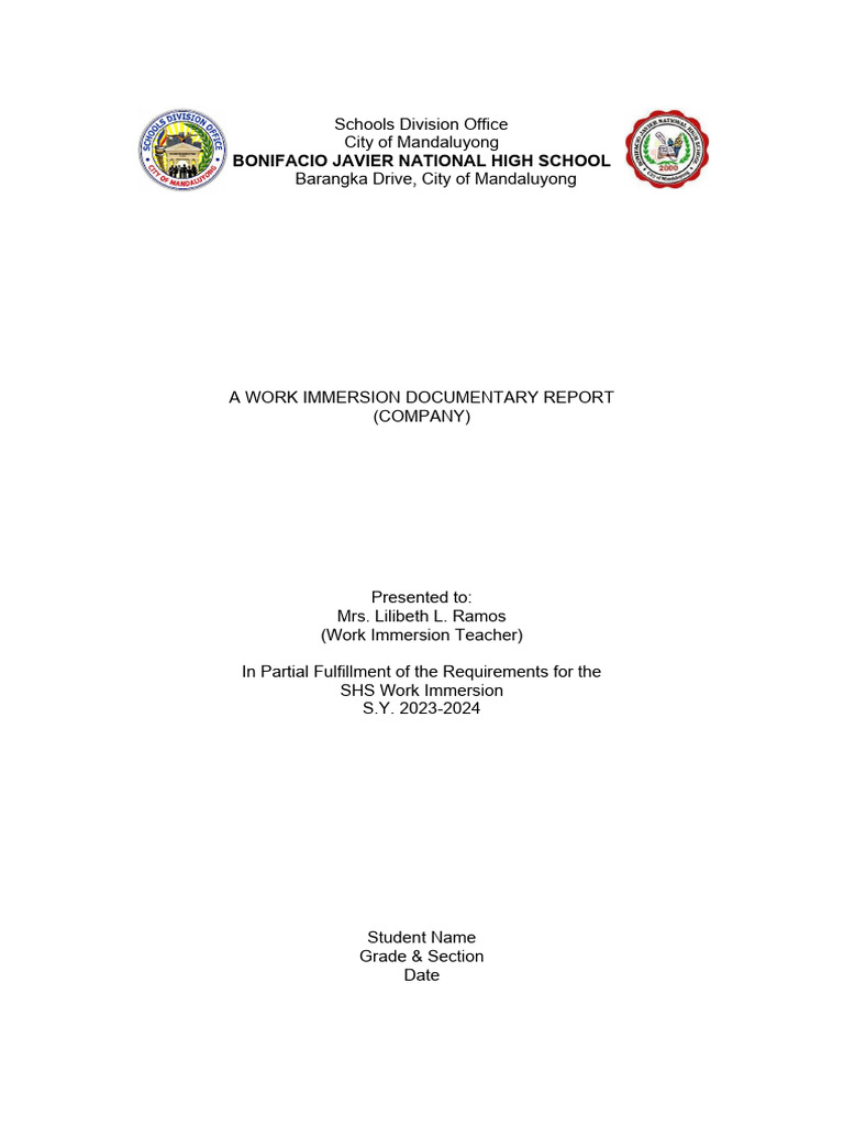 Bjnhs Work Immersion Portfolio Template For All Strand 2 | Download ...