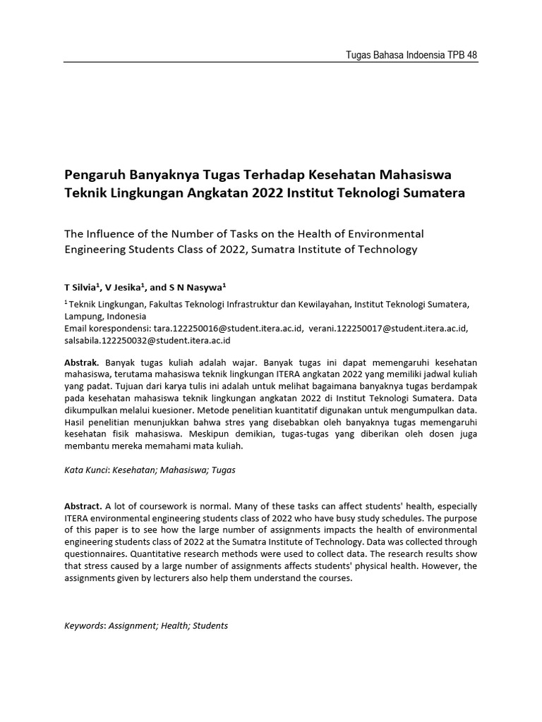 Pengaruh Banyaknya Tugas Terhadap Kesehatan Mahasiswa Teknik Lingkungan ITERA Angkatan 2022 ...