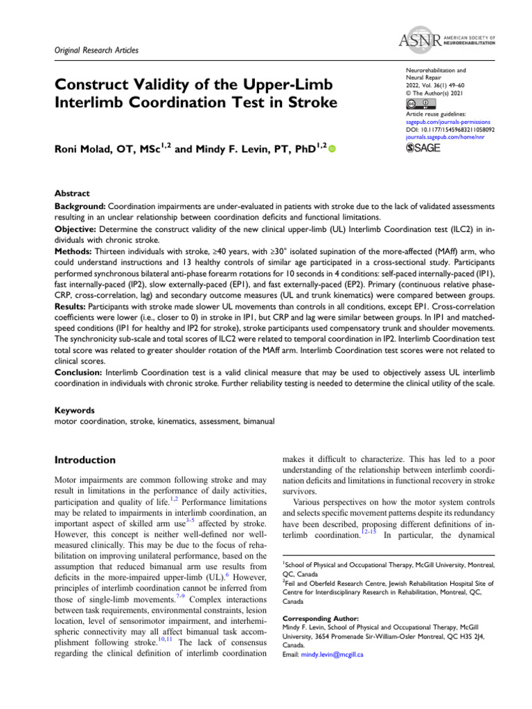 Construct Validity of The Upper-Limb Interlimb Coordination Test in ...