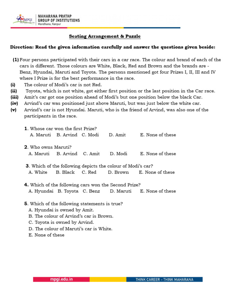 Seating Arrangement & Puzzle | PDF | Car