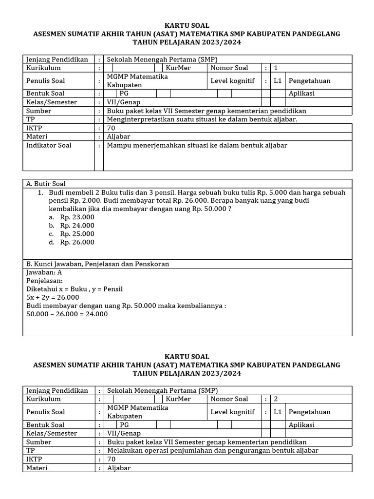 Gabungan KARTU SOAL Kumer 2024 | PDF | Metode & Bahan Ajar