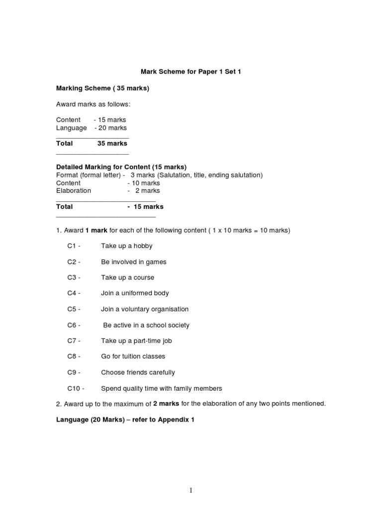 Spm Bahasa Inggeris Skema Spm Bi K1 Set 1 Pdf Vocabulary Sentence