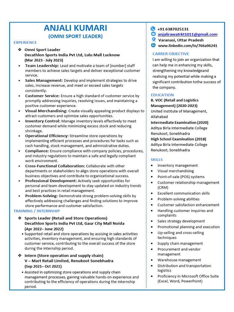 Anjali Kumari Resume | PDF | Retail | Customer Relationship Management