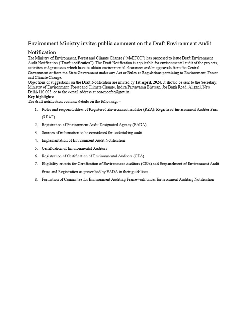 Draft Environment Audit Notification Released | PDF | Audit | Crimes