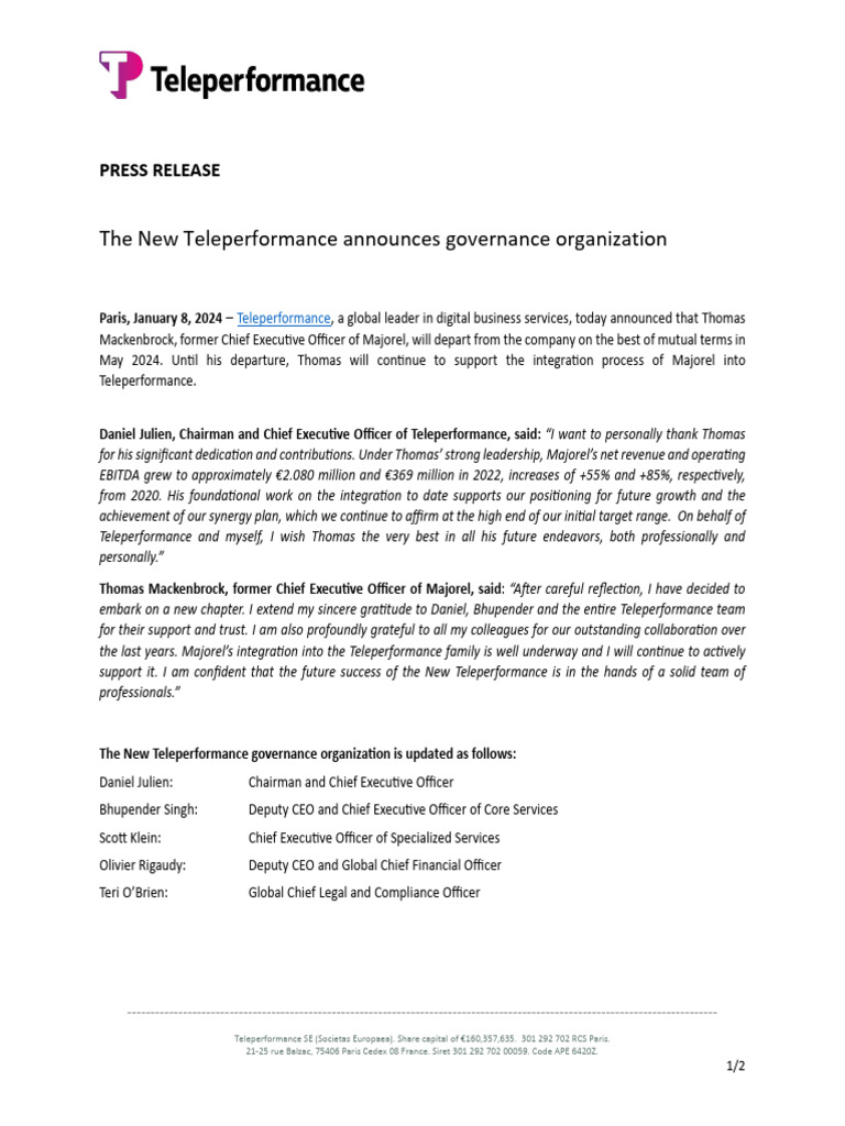 Teleperformance Announces New Governance | PDF | Business | Companies