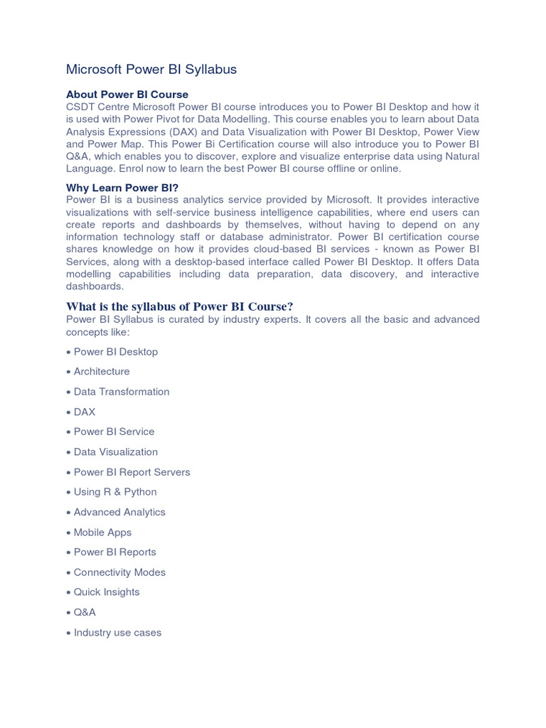 Microsoft Power BI Syllabus | PDF | Software | Information Science
