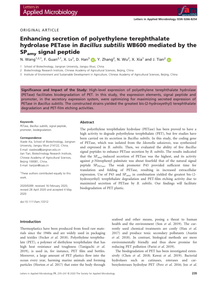 Letters Applied Microbiology - 2020 - Wang - Enhancing Secretion of Polyethylene Terephthalate ...