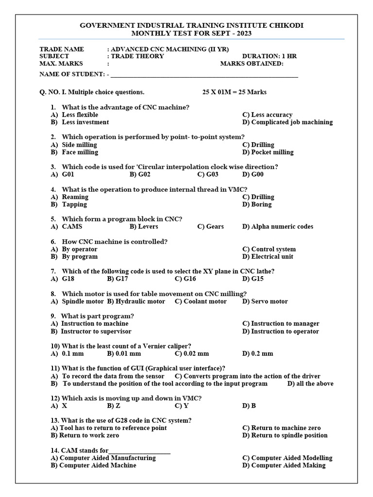 Adv. CNC. 2nd Yr. Sep2023 Test QP | PDF | Numerical Control | Tools
