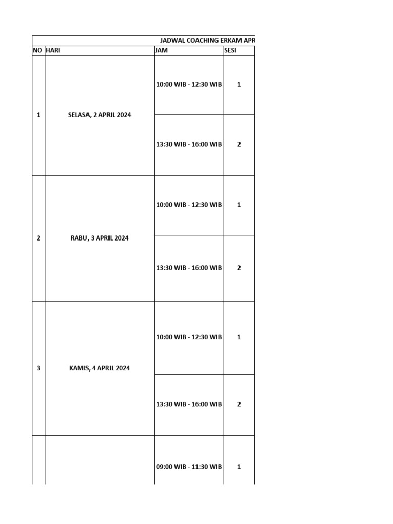 Jadwal Coaching April 2024 | PDF