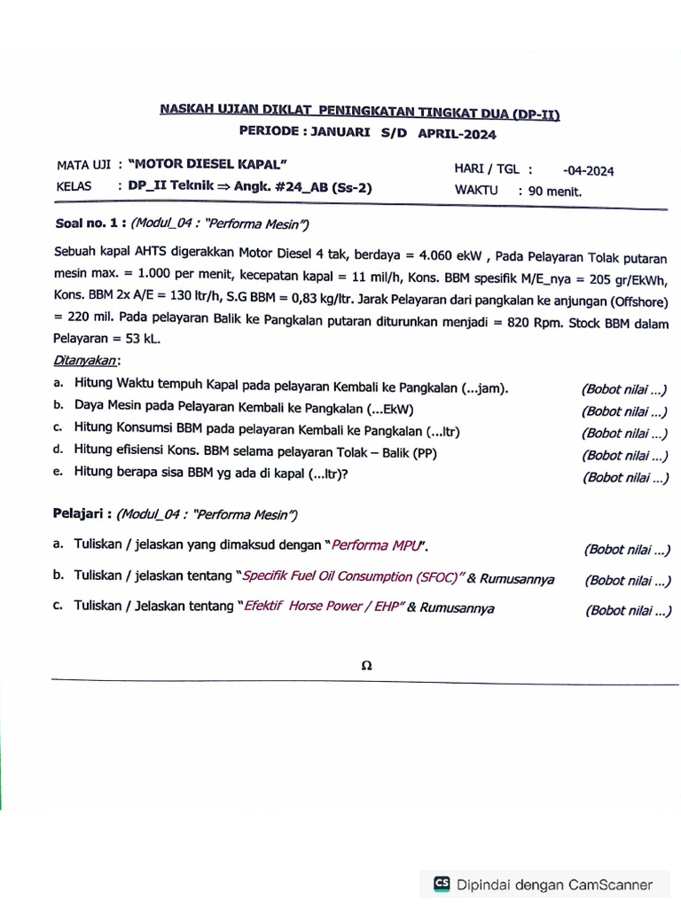 Soal Uad DP II TA & TB (Motor Diesel) Dan Kisi2 | PDF