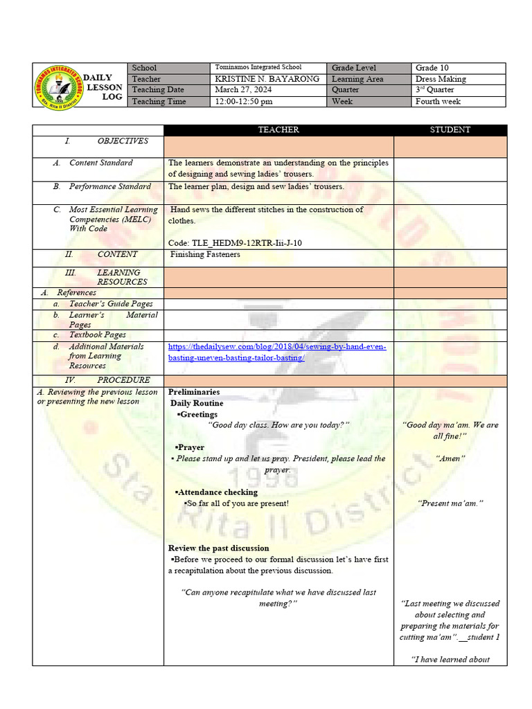 DLP 3. DRESSMAKING (For Maam Arlyn Barrot) | PDF | Seam (Sewing) | Sewing