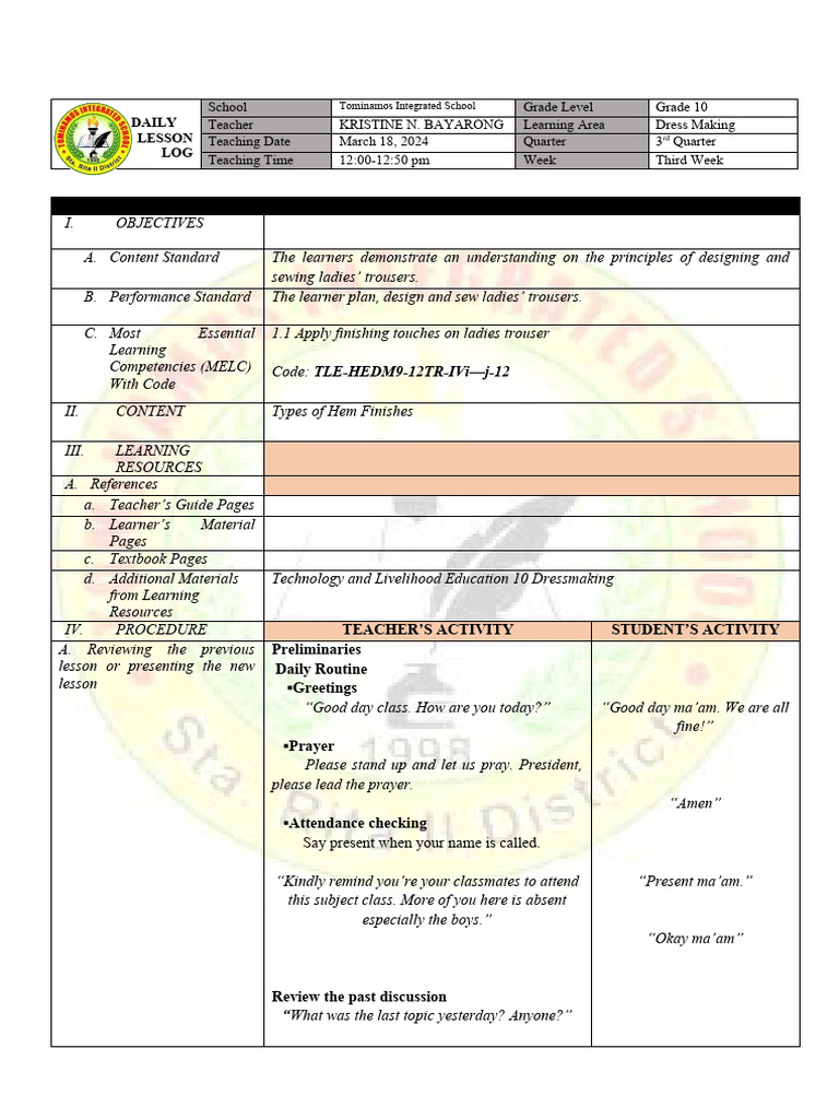 DLP 4. DRESSMAKING (For Maam Arlyn Barrot) | PDF | Seam (Sewing) | Sewing