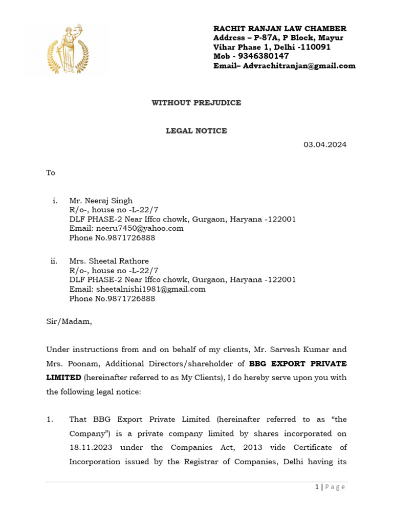 Legal Notice for Company Mismanagement | PDF | Fraud | Justice
