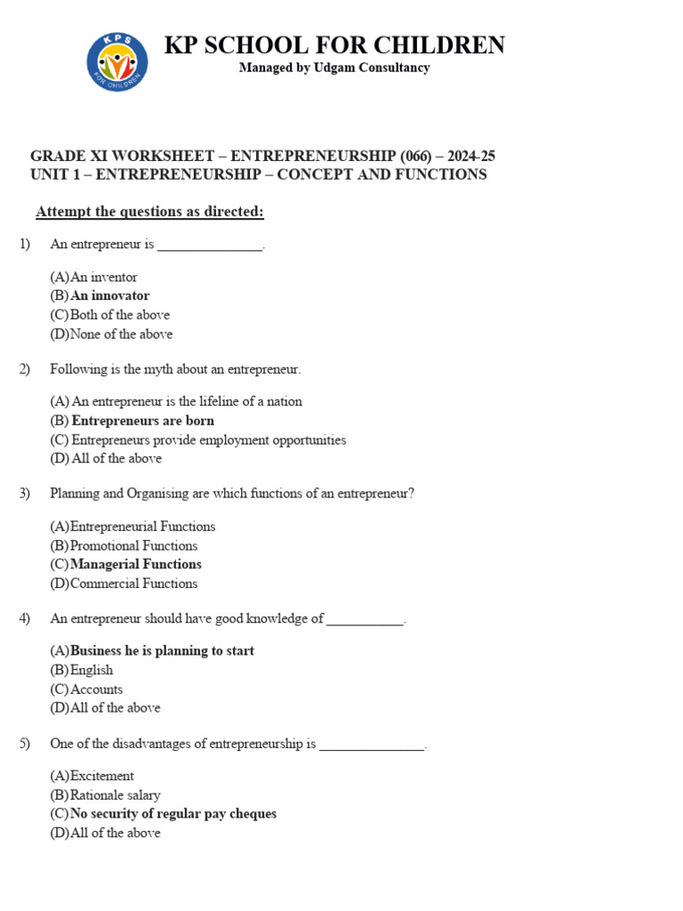Etp 11 Unit 1 MCQ WS 2024-25 | PDF | Entrepreneurship | Startup Company