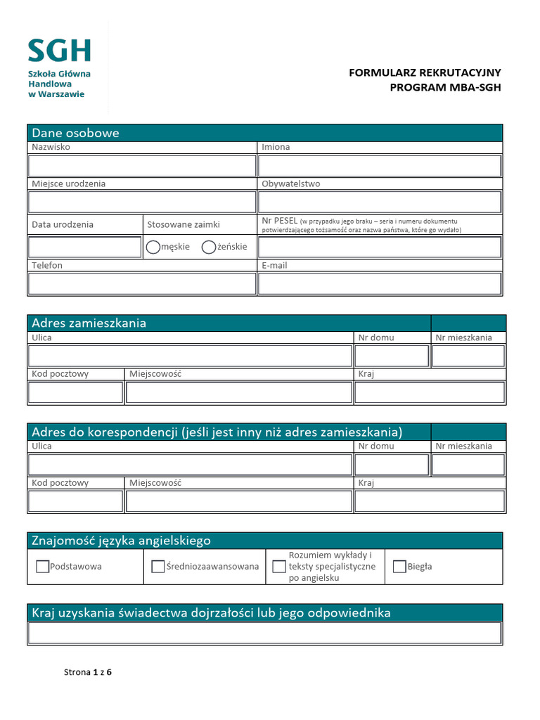 Formularz Rekrutacyjny Mba SGH 0 | PDF