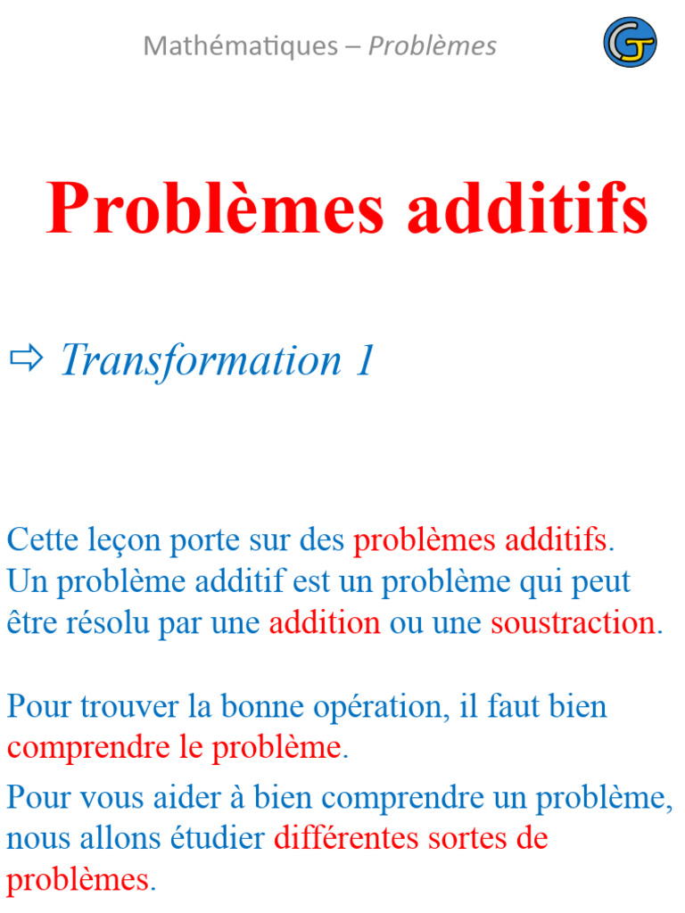 CM1 CM2 Problemes Additifs Transformation 1 | PDF