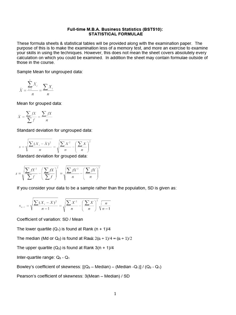 MBA Formulae Sheet | PDF
