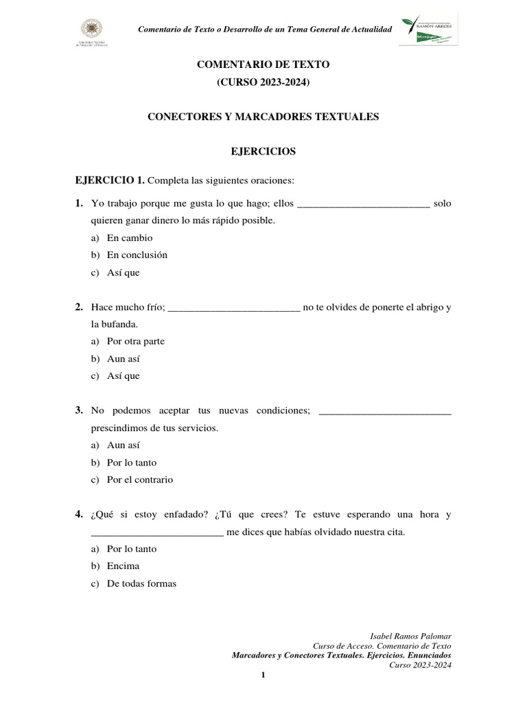 MARCADORES Y CONECTORES TEXTUALES. EJERCICIOS. ENUNCIADOS | PDF