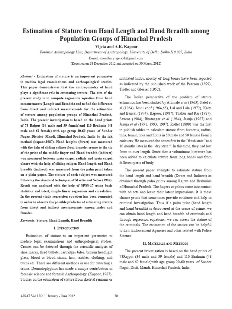 Estimating Stature from Hand Metrics | PDF | Student's T Test | Linear ...