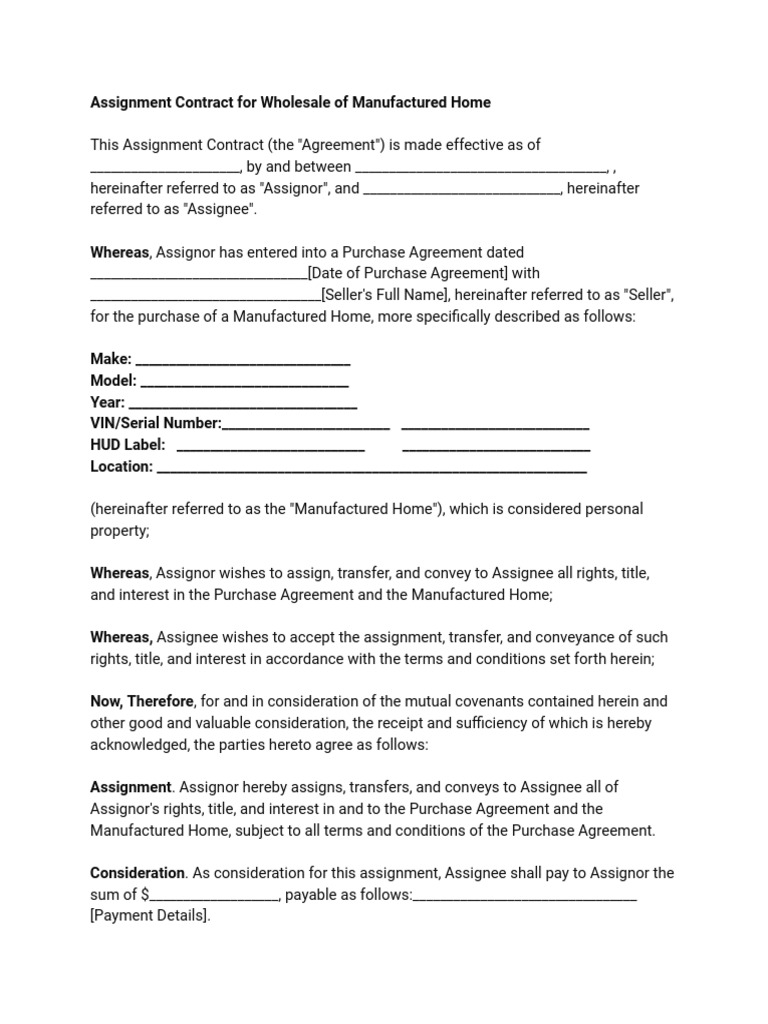 Assignment Contract For Wholesale of Manufactured Home | PDF | Assignment (Law) | Civil Law ...