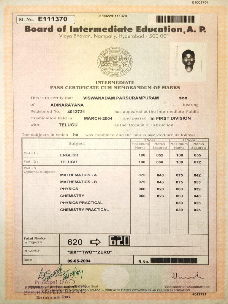 P Viswanadham Inter Mark List | PDF