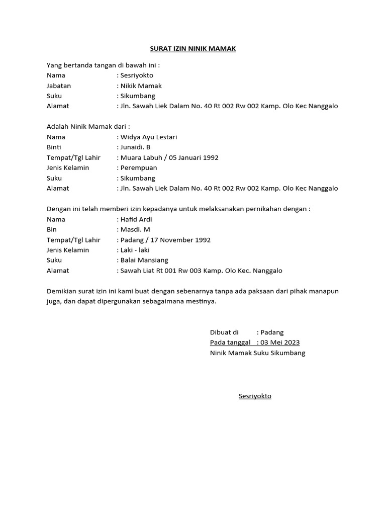 Surat Izin Ninik Mamak | PDF