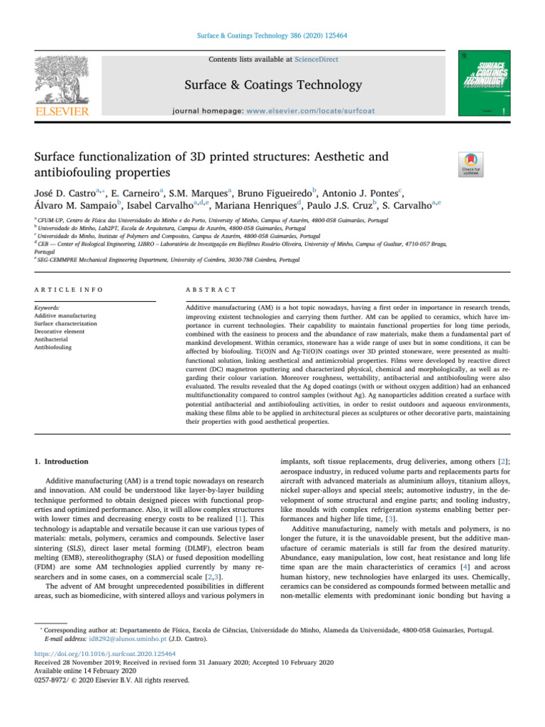 Surface Functionalization of 3D Printed Structures - Aesthetic and Antibiofouling Properties ...