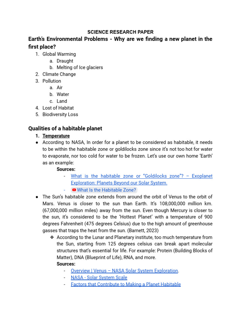 Science Research Paper - What Makes A Planet Habitable | PDF ...