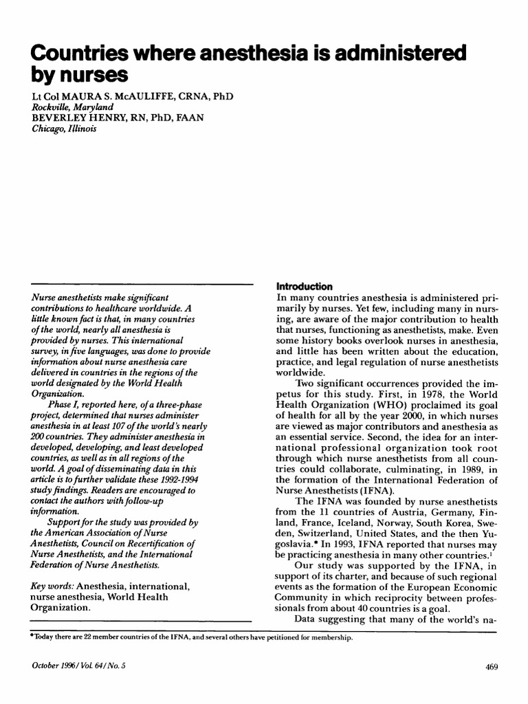 Countries Where Anesthesia Is Administered by Nurses | Download Free PDF | Nursing | Anesthesia