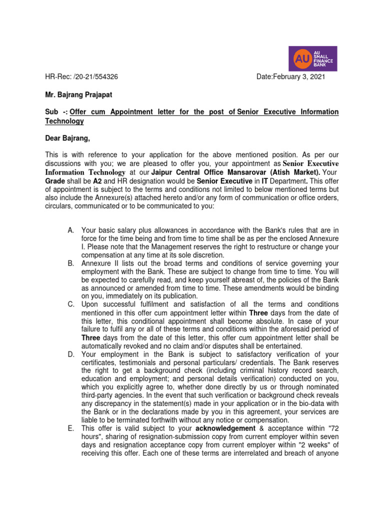 Offer Letter | Download Free PDF | Employment | Taxes