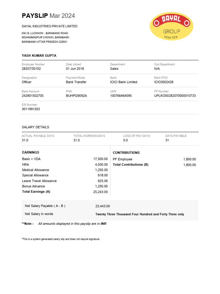 March 2024 Payslip for Yash Kumar Gupta | PDF