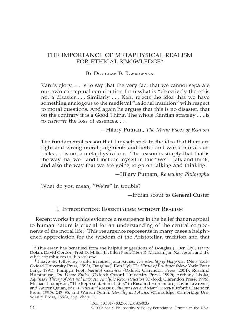 THE IMPORTANCE OF METAPHYSICAL REALISM FOR ETHICAL KNOWLEDGE | PDF ...