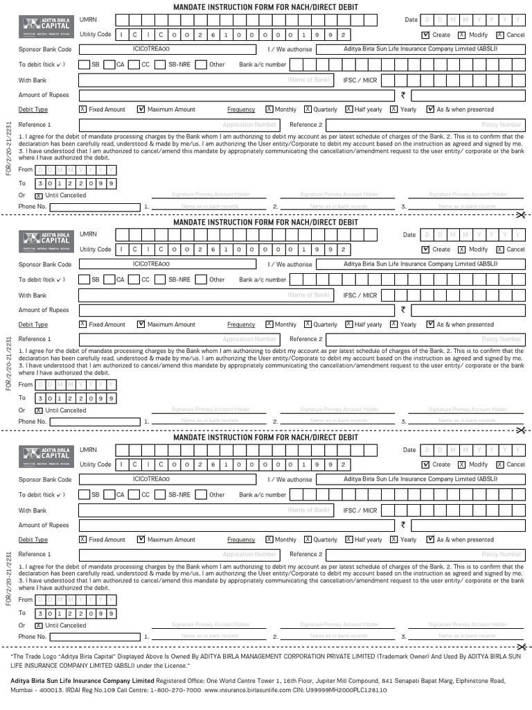 ABSLI NACH/Direct Debit Mandate Form | PDF | Cheque | Payments