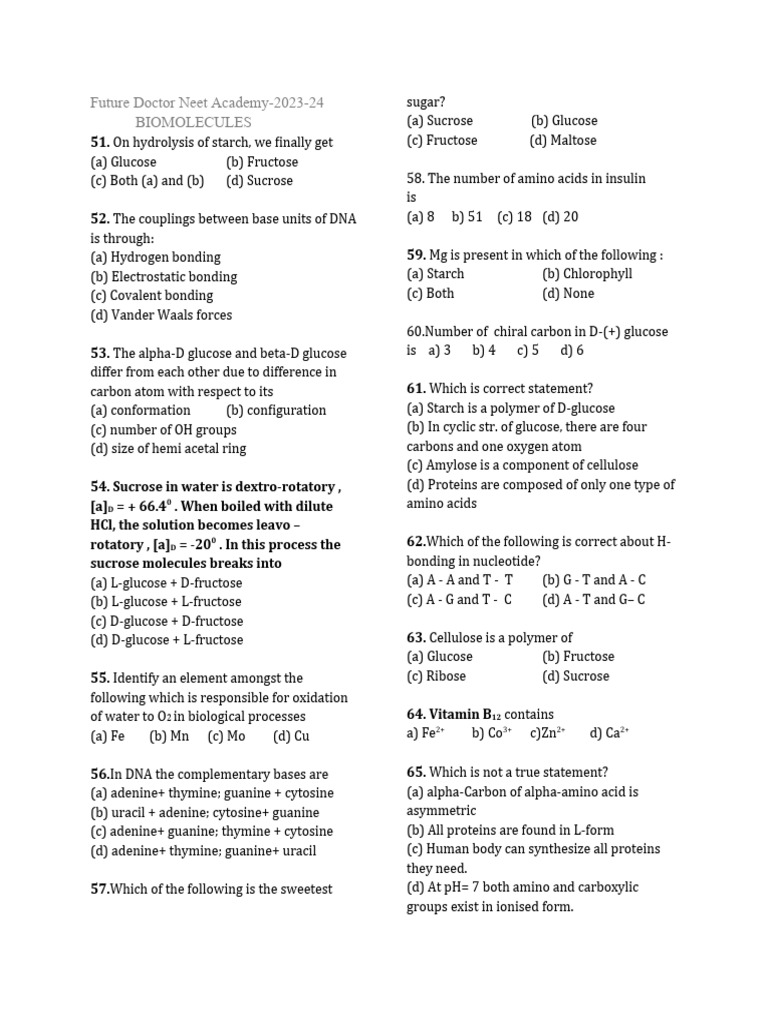 12.10 Biomolecules worksheet | PDF | Glucose | Denaturation (Biochemistry)