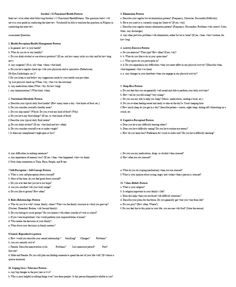 Gordon's 11 Functional Health Patterns Guide | PDF | Sleep | Physical ...