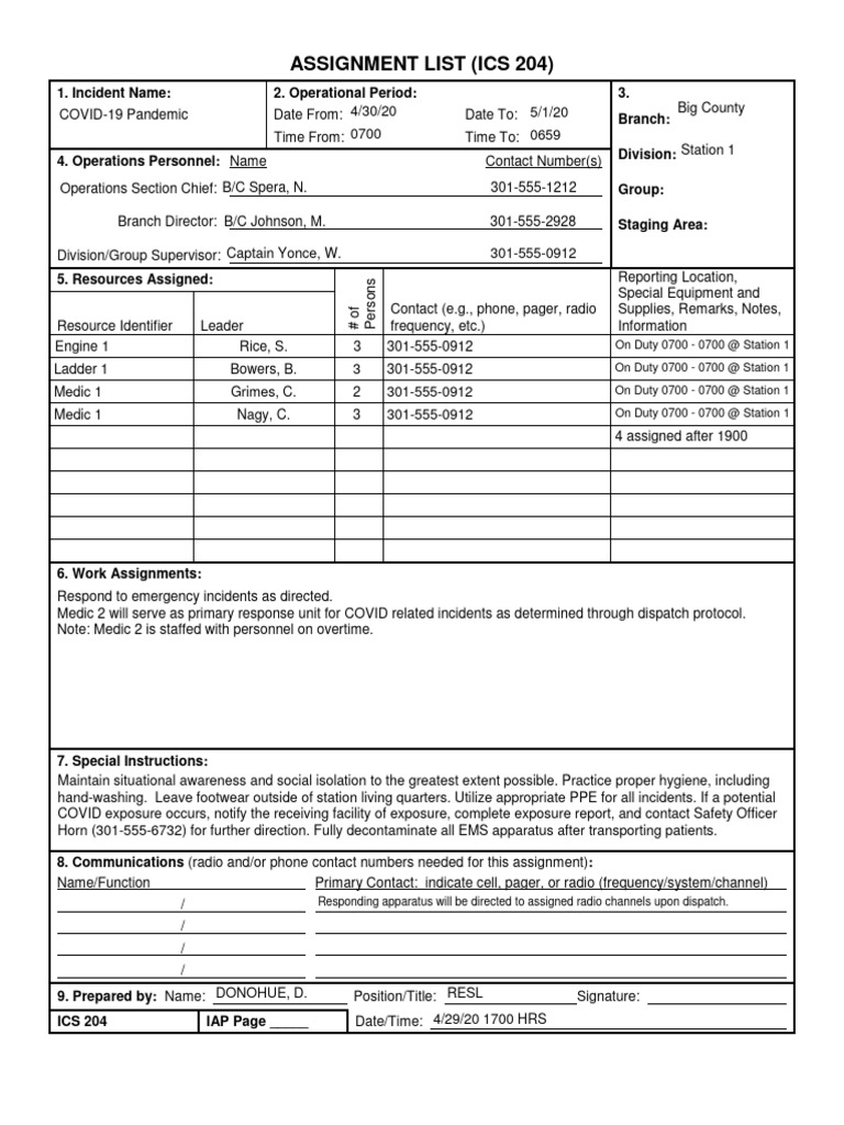 Ics Form 204 Example Covid19 | PDF | Incident Command System | Radio
