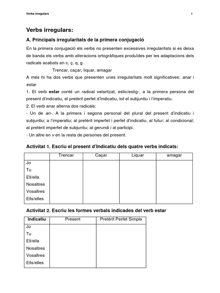 Verbs Irregulars Exercicis (Solucionari Amb El DNV) | PDF