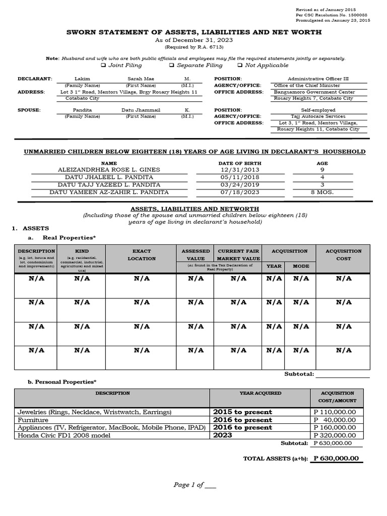 2015 SALN Form 2024 | Download Free PDF | Net Worth | Economies