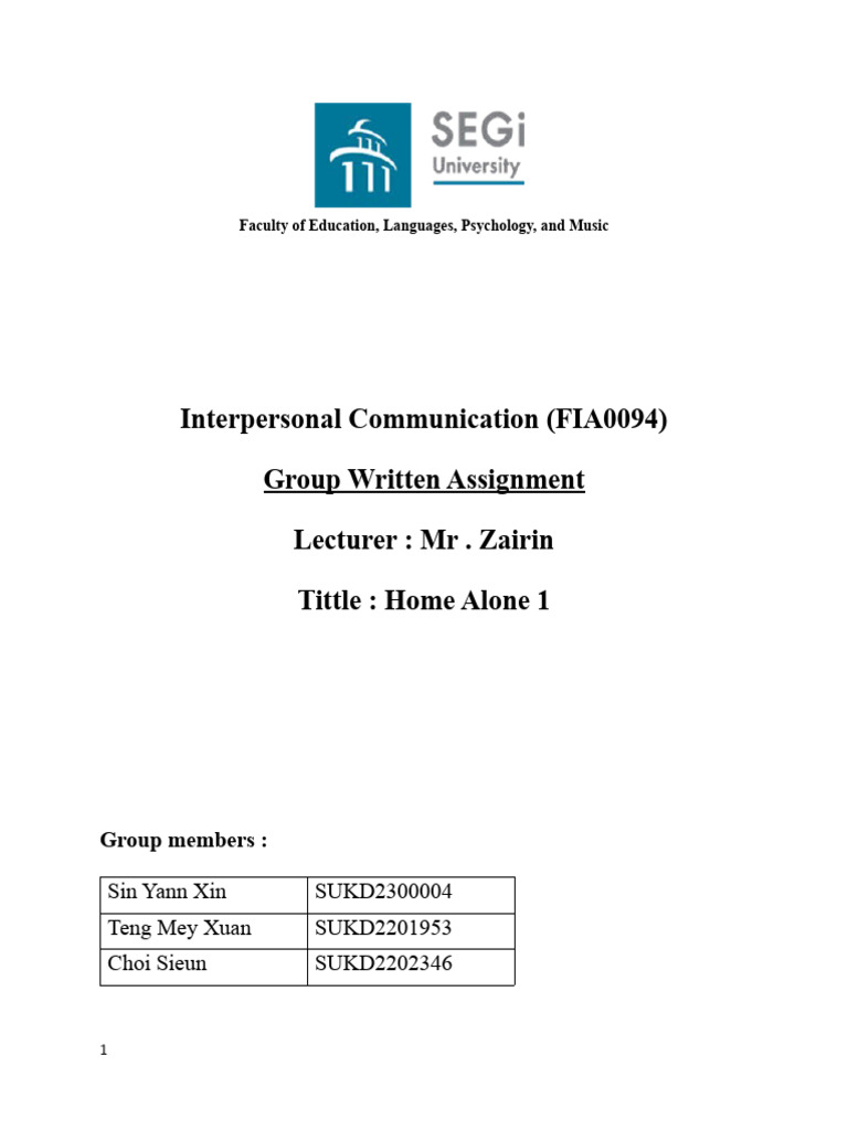 HOME ALONE Written Assignment - SAMPLE | Download Free PDF | Nonverbal ...