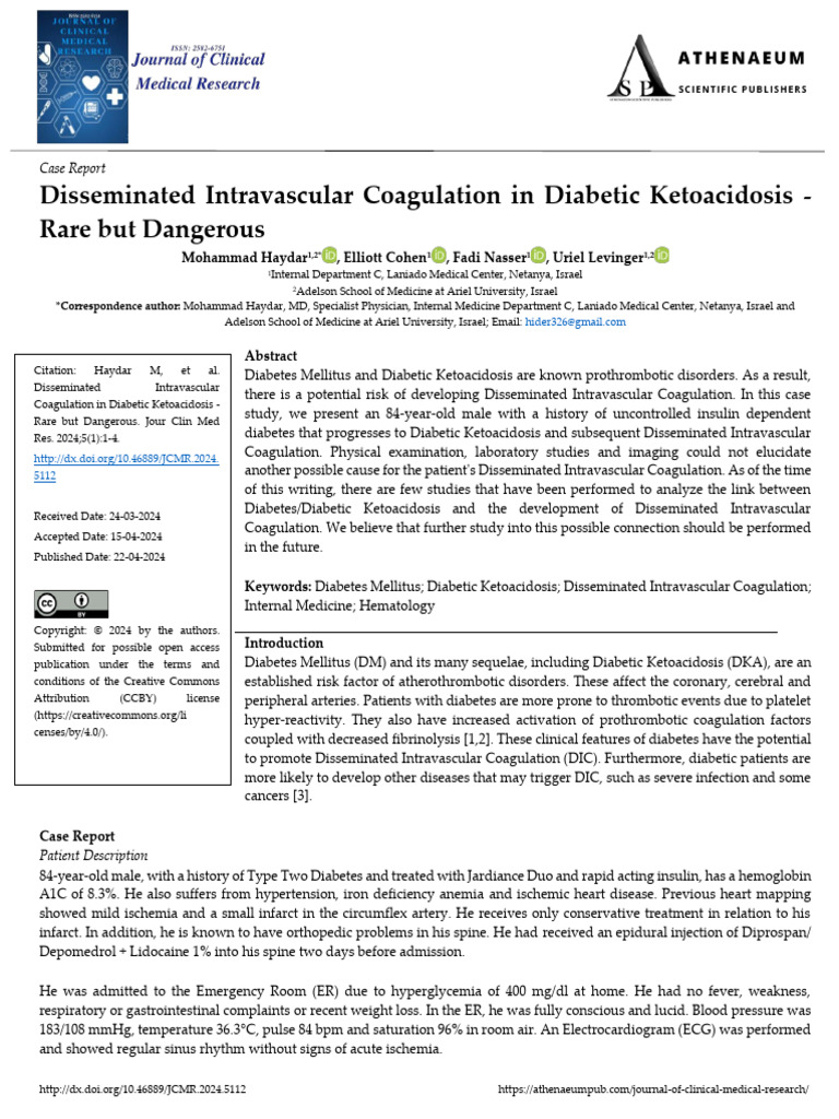 Disseminated Intravascular Coagulation in Diabetic Ketoacidosis Rare ...
