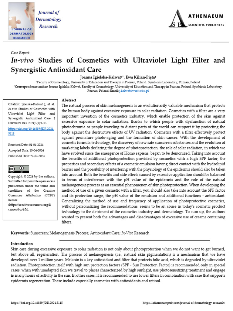 In Vivo Studies of Cosmetics With Ultraviolet Light Filter and ...