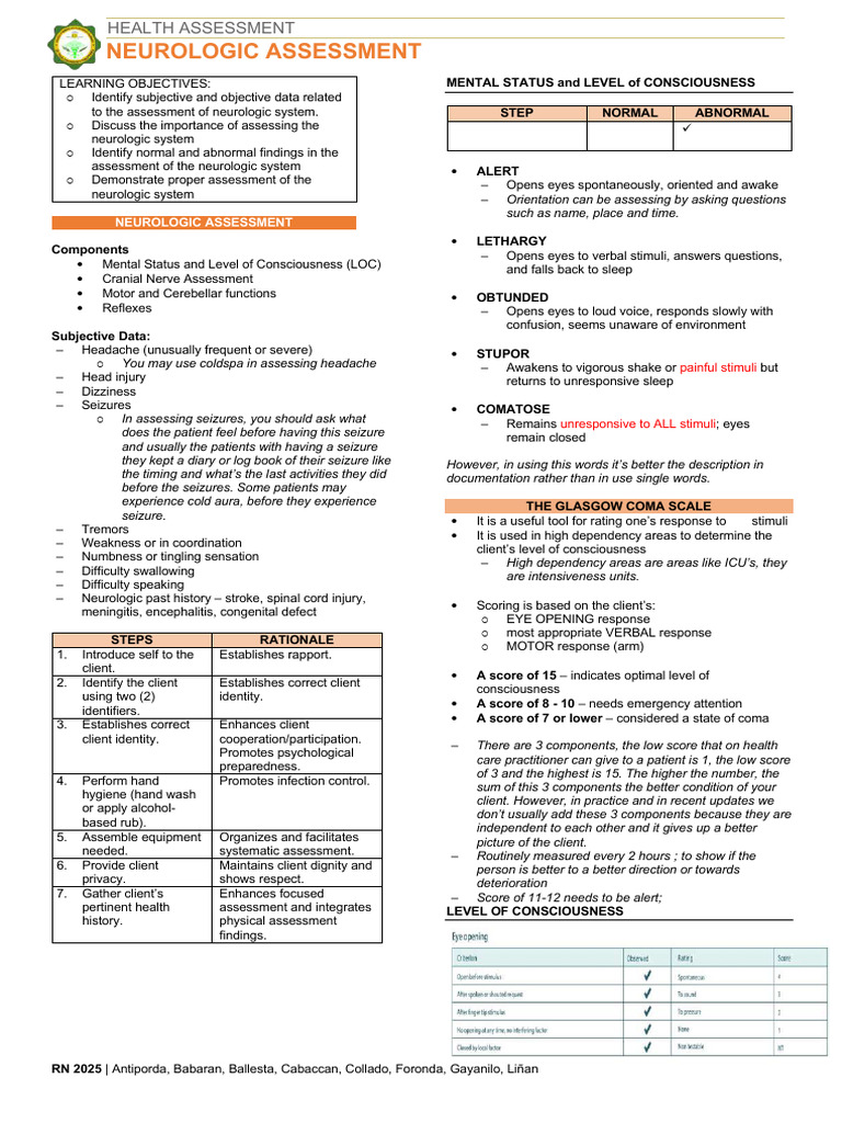 Health Assessment | PDF | Coma | Neurology