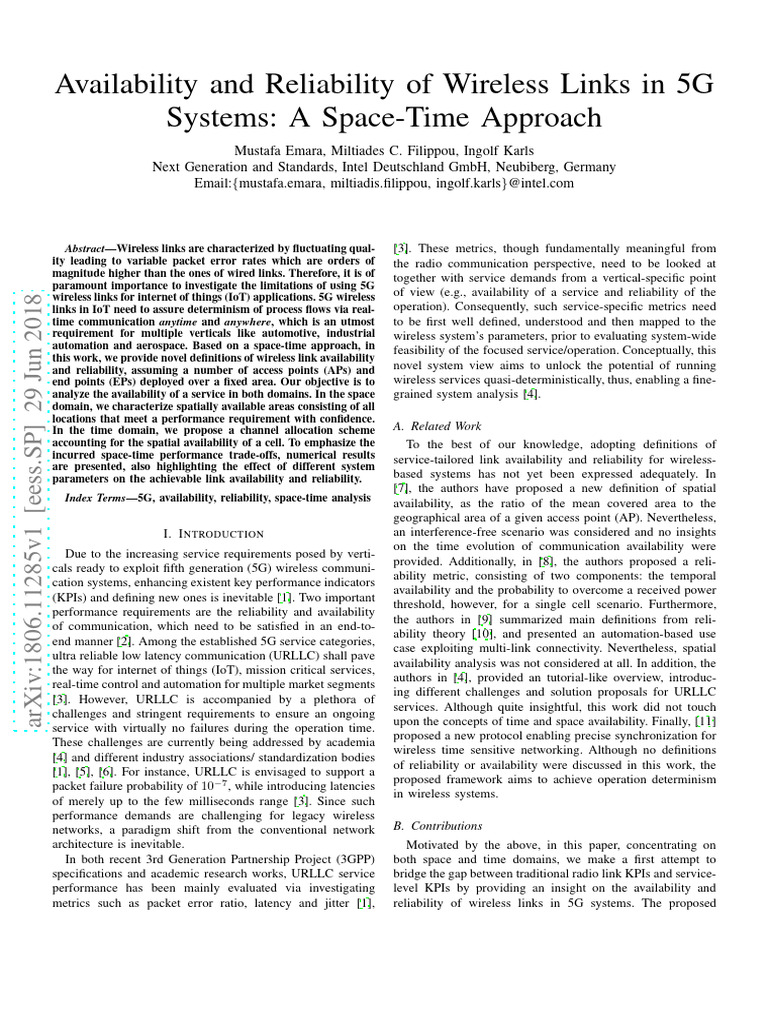 Availability and Reliability of Wireless Links in 5G Systems: A Space-Time Approach | PDF ...