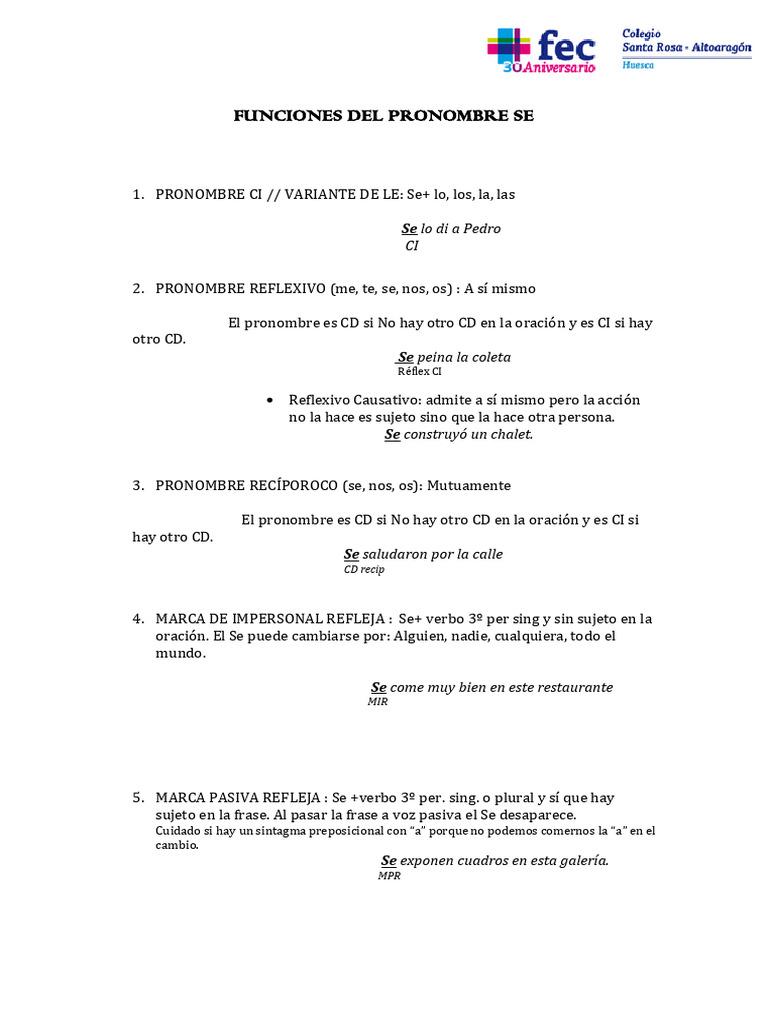 FUNCIONES DEL PRONOMBRE SE | PDF | Asunto (gramática) | Pronombre
