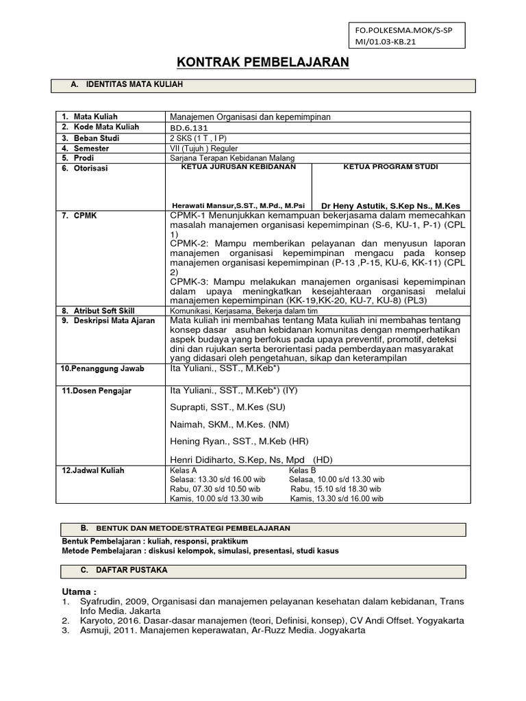 Kontrak Pembelajaran Mok Ganjil Reguler 2023 - Revisi | PDF