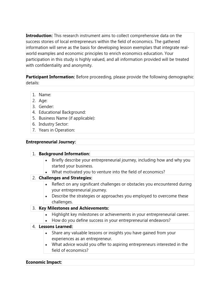 SAMPLE RESEARCH INSTRUMENT | PDF | Entrepreneurship | Economics