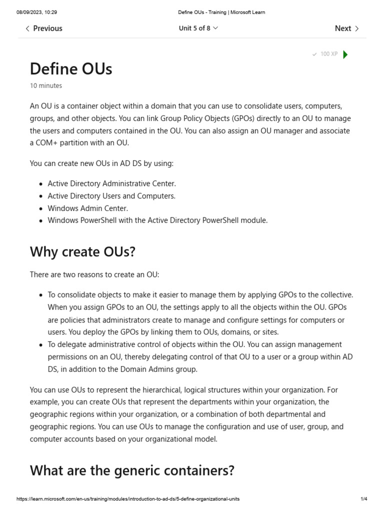 Define OUs - Training _ Microsoft Learn | PDF | Active Directory | Computer Engineering